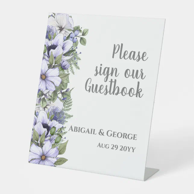 Elegant Periwinkle Purple Green Florals Wedding Pedestal Sign | Zazzle