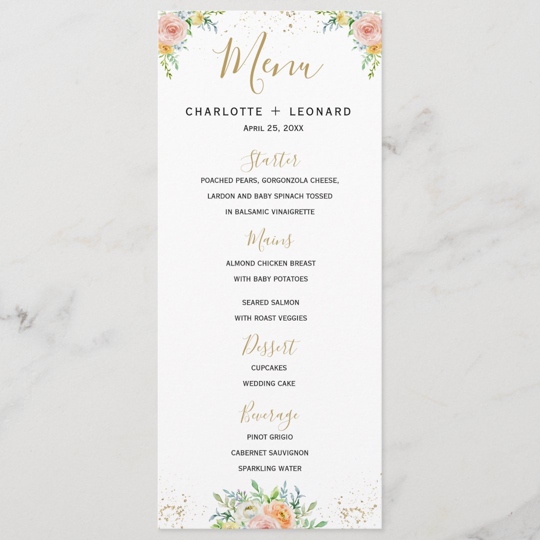 Elegant personalized floral gold Menu template | Zazzle