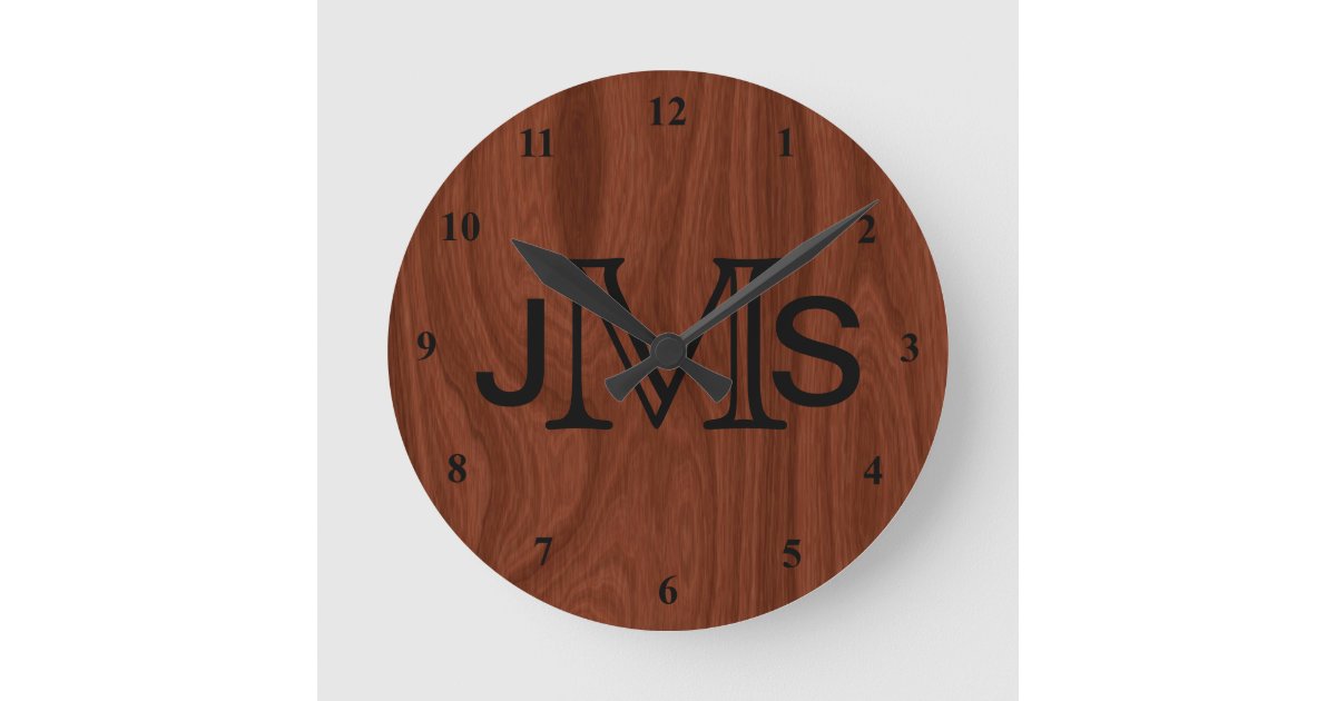 Elegant Personalized Monogram | Mahogany Wood Look Round Clock | Zazzle