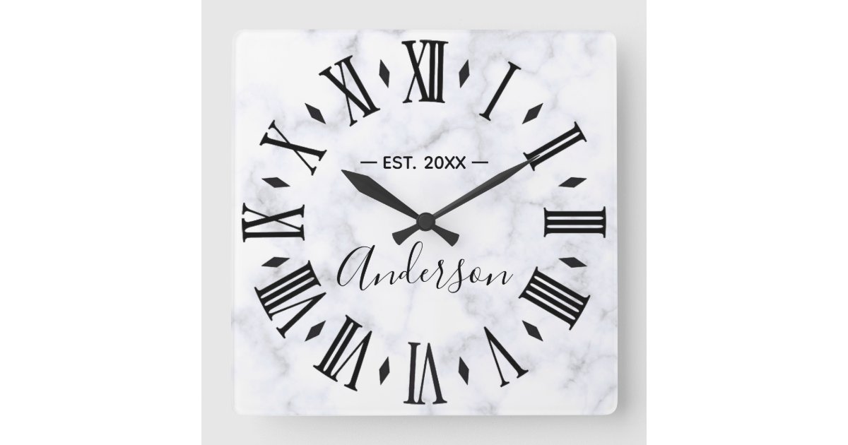 Elegant Personalized White Marble Square Wall Clock | Zazzle