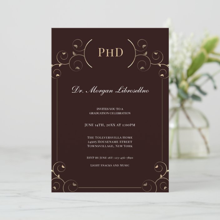 Elegant PhD degree Gold Brown Graduation Party Invitation | Zazzle.com