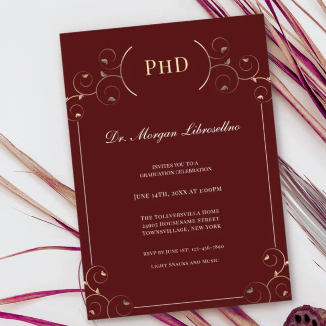 Elegant PhD degree Gold Burgundy Graduation Party Invitation | Zazzle