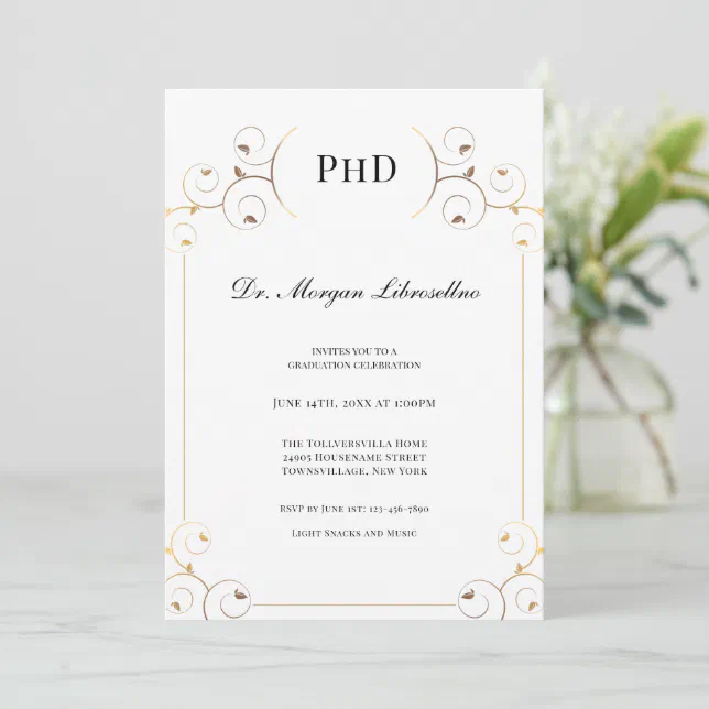 Elegant PhD degree Gold White Graduation Party Invitation | Zazzle