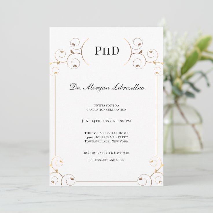 Elegant PhD degree Gold White Graduation Party Invitation | Zazzle
