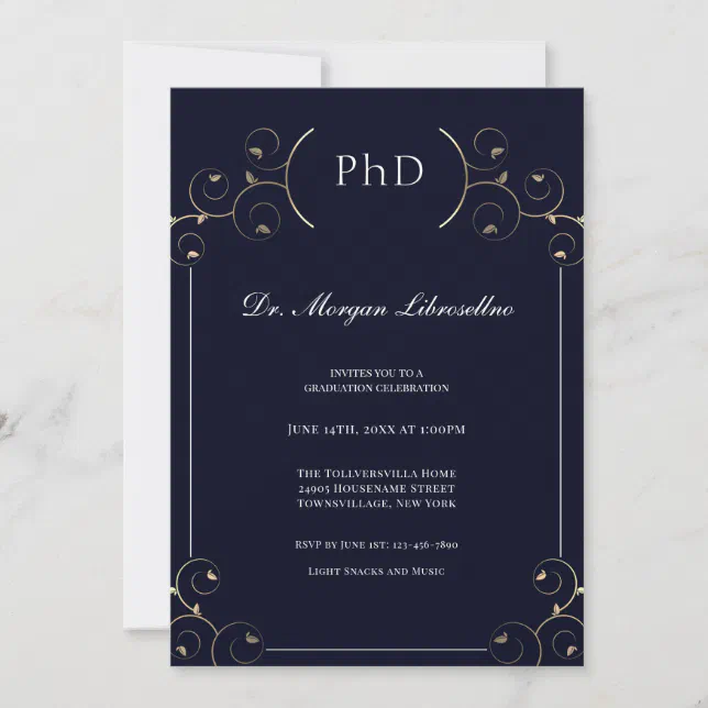 Elegant PhD Gold Blue Graduation Invitation | Zazzle