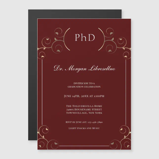 Elegant PhD Gold Burgundy Graduation Magnetic Invitation | Zazzle