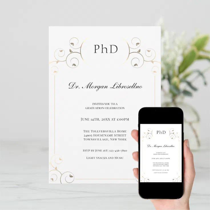 Elegant PhD Gold Graduation Invitation | Zazzle