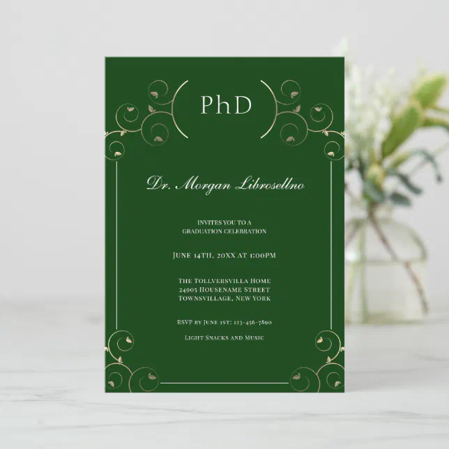 Elegant PhD Gold Green Graduation Invitation | Zazzle