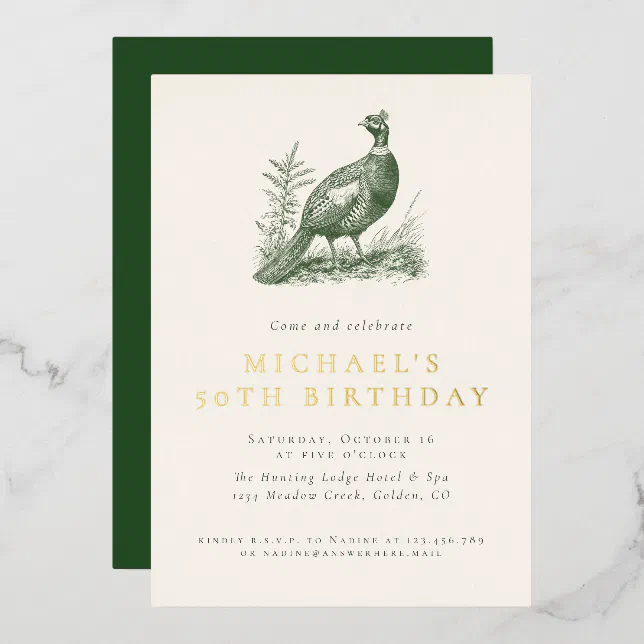 Elegant Pheasant Hunting Green Adult Birthday Foil Invitation | Zazzle