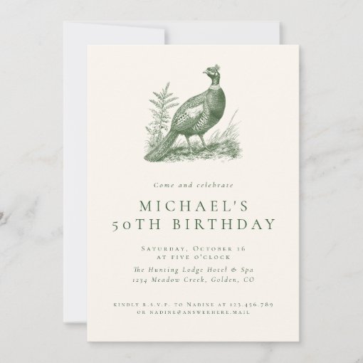 Elegant Pheasant Hunting Green Adult Birthday Invitation | Zazzle