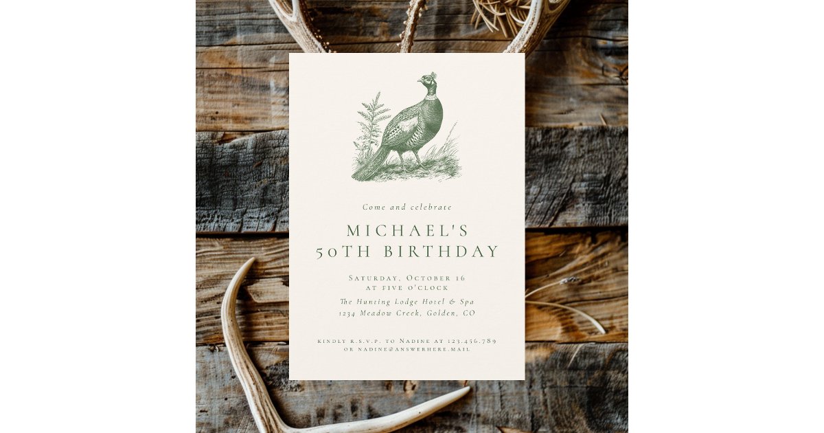 Elegant Pheasant Hunting Green Adult Birthday Invitation | Zazzle