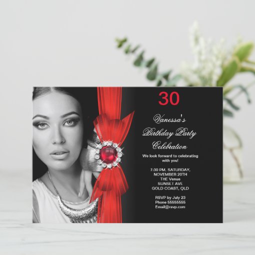 Elegant Photo Birthday Party Deep Red Black Invitation | Zazzle