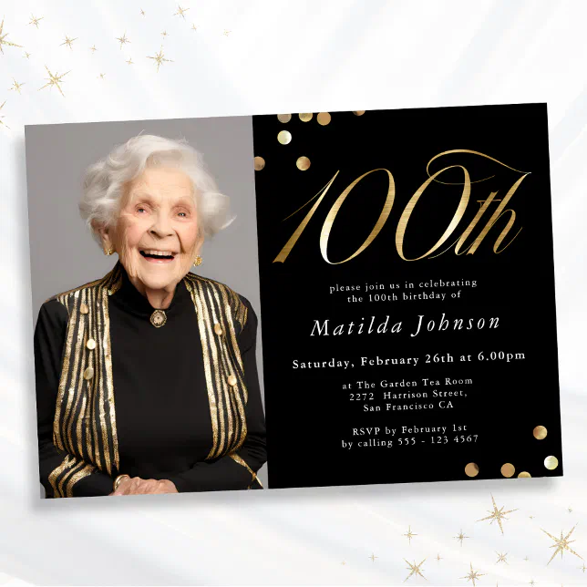 Elegant Photo Black and Gold 100th Birthday Invitation | Zazzle
