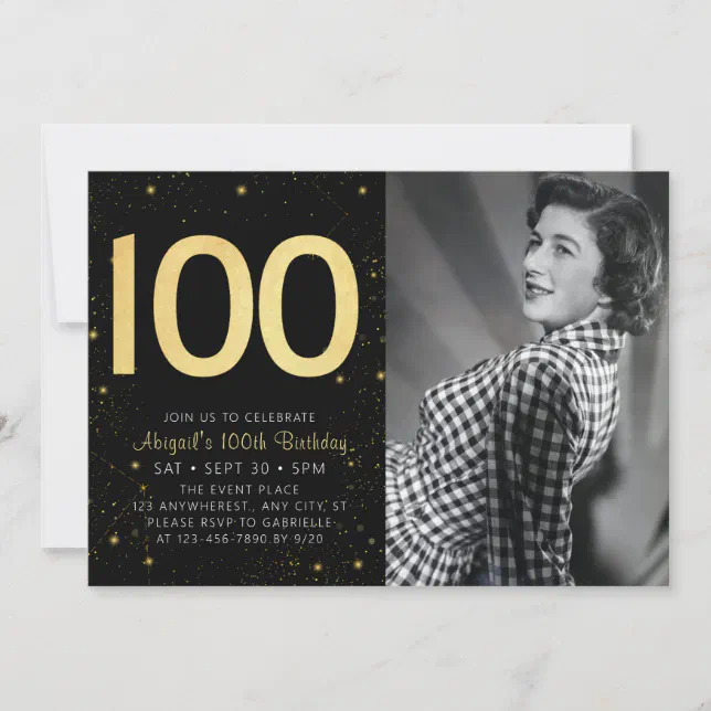 Elegant Photo Black Gold 100th Birthday Party Invitation | Zazzle