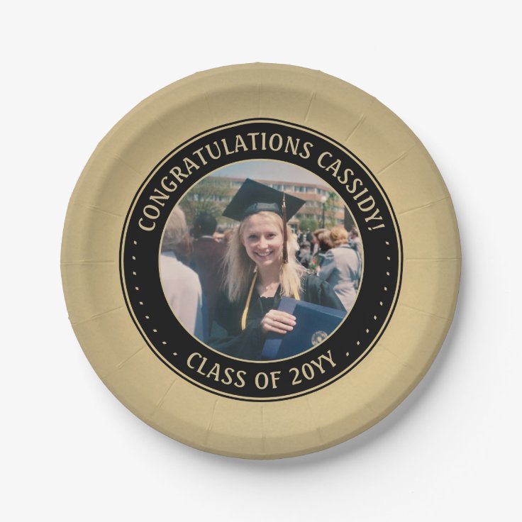 Elegant Photo Black & Gold Modern Graduation party Paper Plates | Zazzle