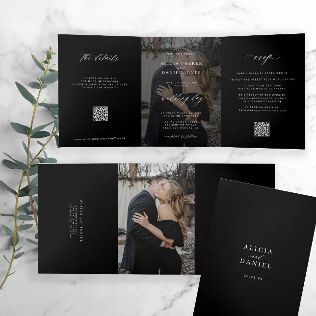 Elegant photo black wedding RSVP details QR code Tri-Fold Invitation ...