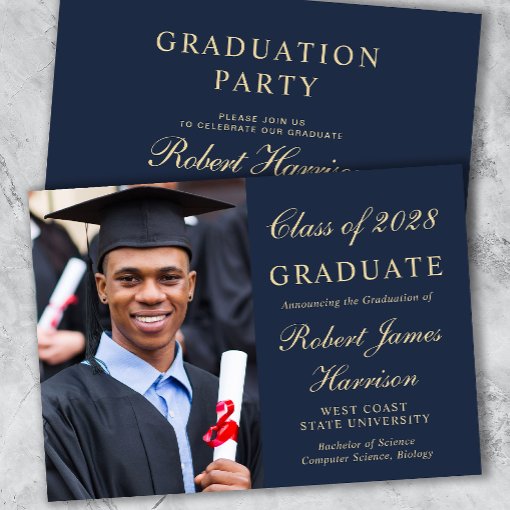 Elegant Photo Blue College Graduation Party Invitation | Zazzle