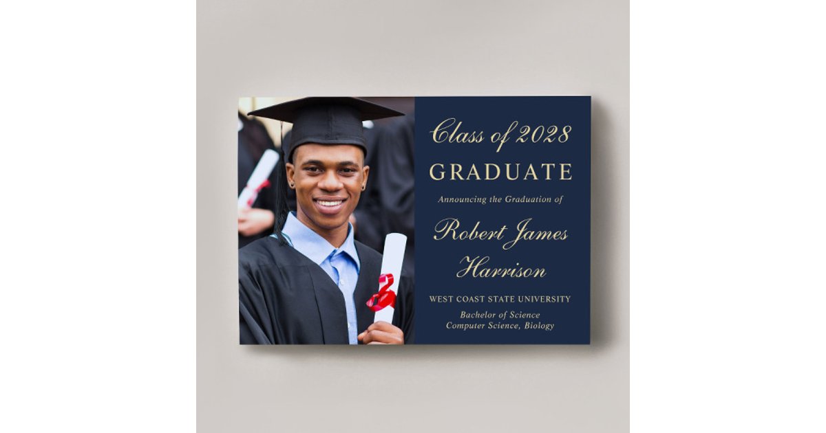 Elegant Photo Blue Gold College Graduation Announcement | Zazzle