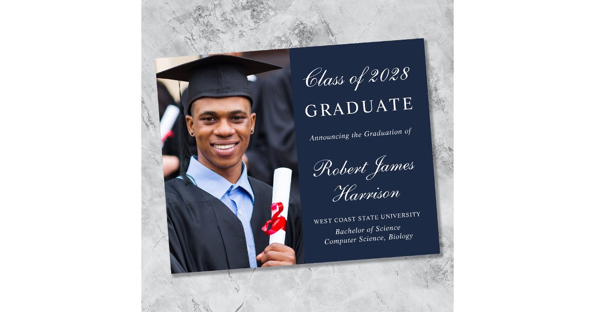 Elegant Photo Blue Graduation Announcement | Zazzle