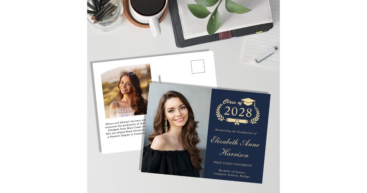Elegant Photo Blue Graduation Postcard | Zazzle