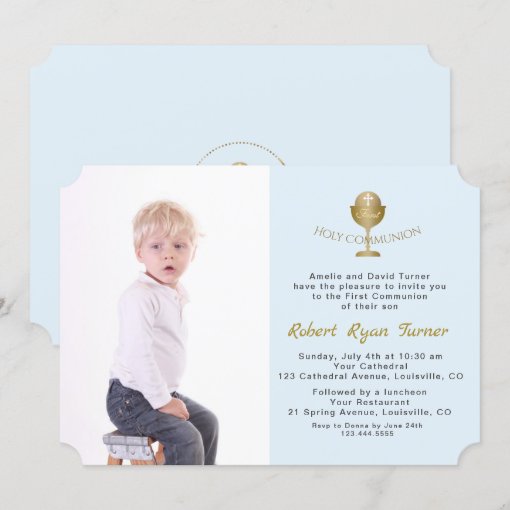 Elegant Photo Boy Gold Chalice Holy Communion Invitation | Zazzle