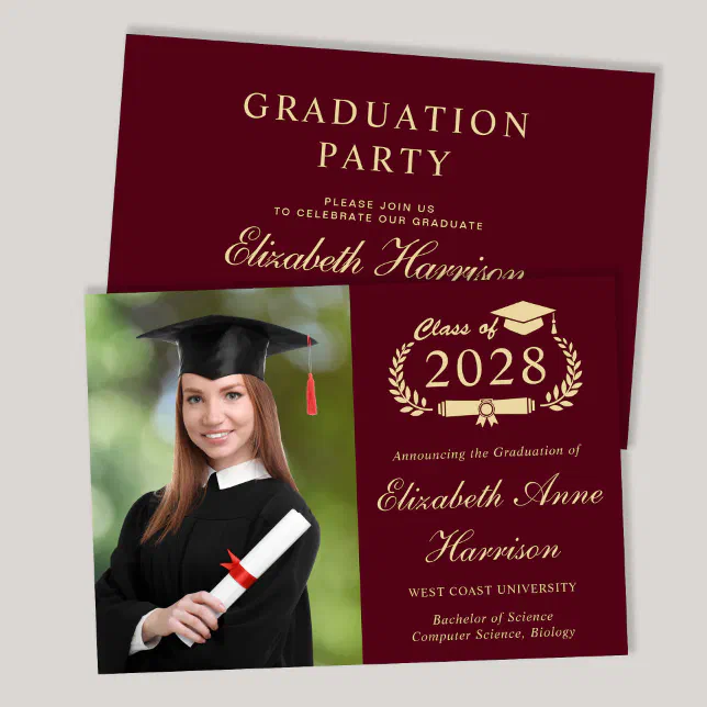 Elegant Photo Burgundy College Graduation Party Invitation | Zazzle
