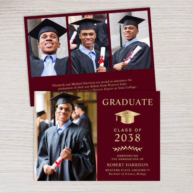 Elegant Photo Burgundy Gold College Graduation Announcement | Zazzle