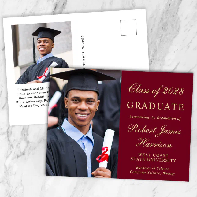 Elegant Photo Burgundy Gold College Graduation Announcement Postcard ...