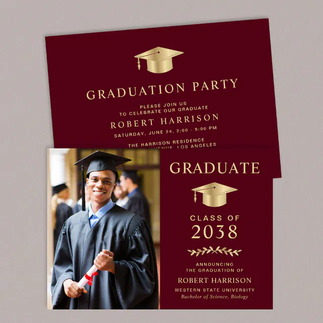 Elegant Photo Burgundy Gold Graduation Party Invitation | Zazzle