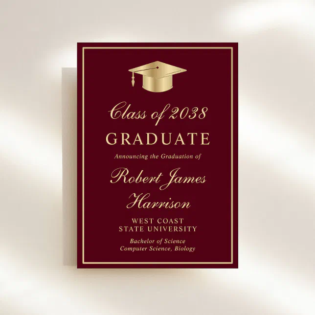 Elegant Photo Burgundy Gold Graduation Party Invitation | Zazzle