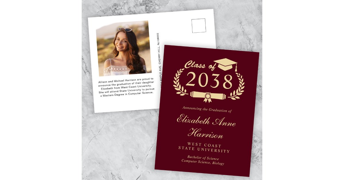 Elegant Photo Burgundy Gold Graduation Postcard | Zazzle