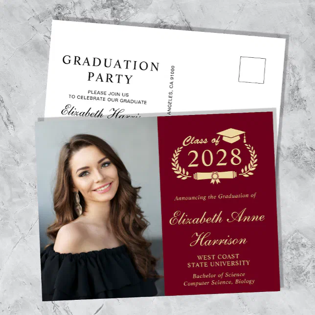 Elegant Photo Burgundy Graduation Party Invitation Postcard | Zazzle
