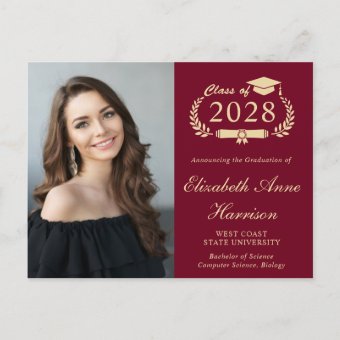 Elegant Photo Burgundy Graduation Party Invitation Postcard | Zazzle