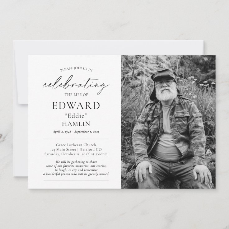 Elegant Photo Celebration of Life Memorial funeral Invitation | Zazzle