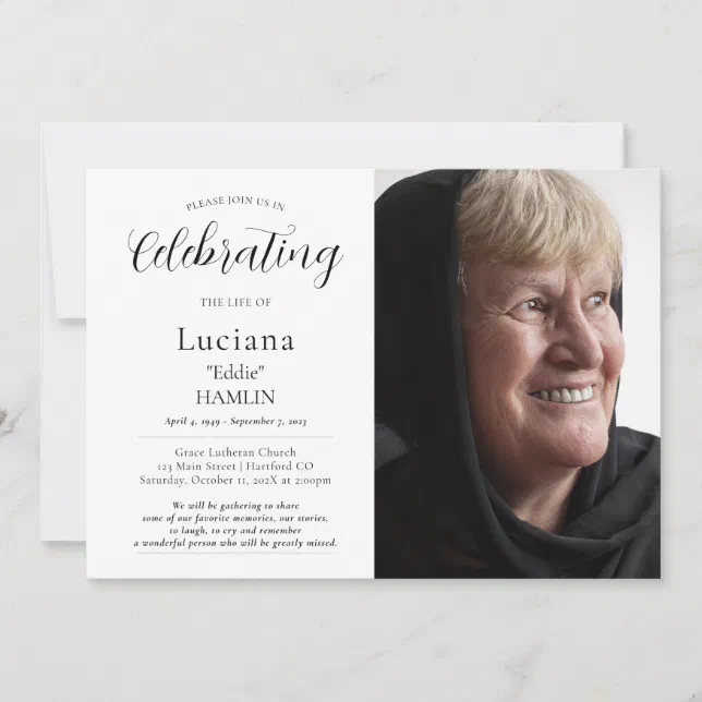 Elegant Photo Celebration of Life Memorial funeral Invitation | Zazzle