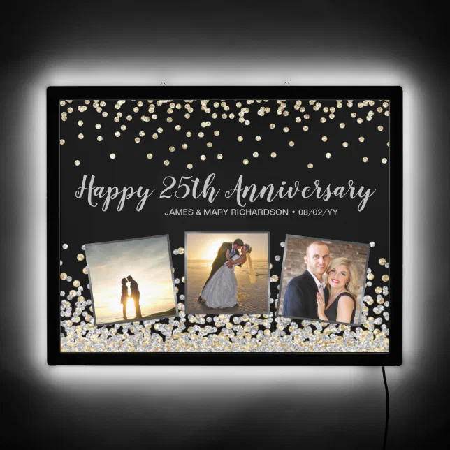 Elegant Photo Collage Gold Silver 25th Anniversary LED Sign | Zazzle