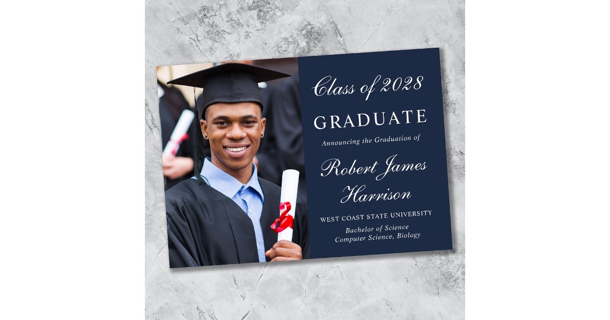 Elegant Photo College Blue Graduation Announcement | Zazzle