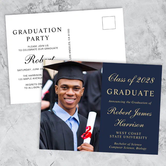 Elegant Photo College Blue Graduation Party Invitation Postcard | Zazzle