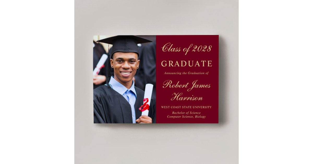 Elegant Photo College Burgundy Gold Graduation Announcement | Zazzle