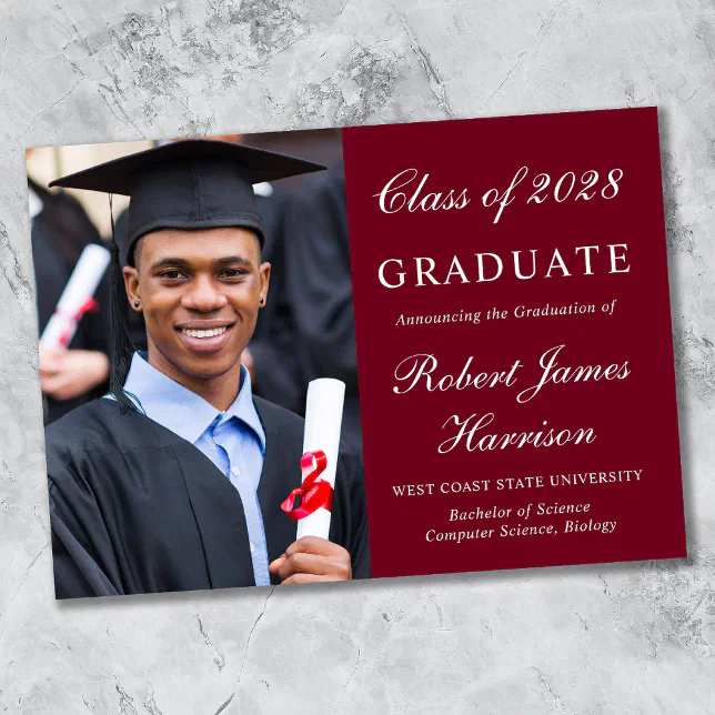 Elegant Photo College Burgundy Graduation Announcement | Zazzle