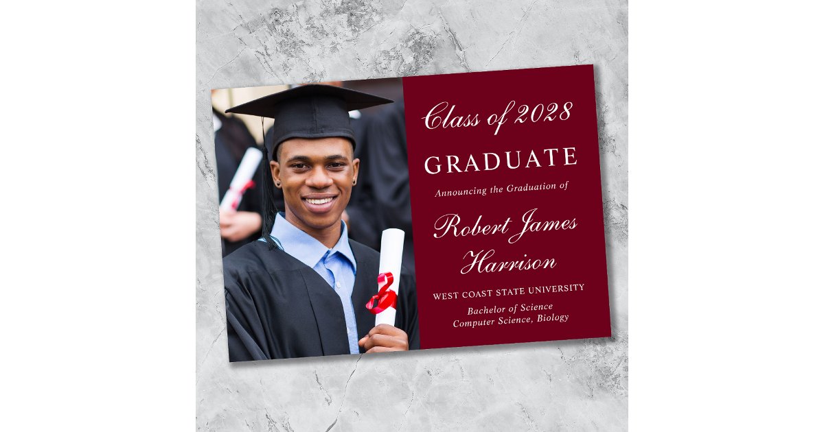 Elegant Photo College Burgundy Graduation Announcement | Zazzle
