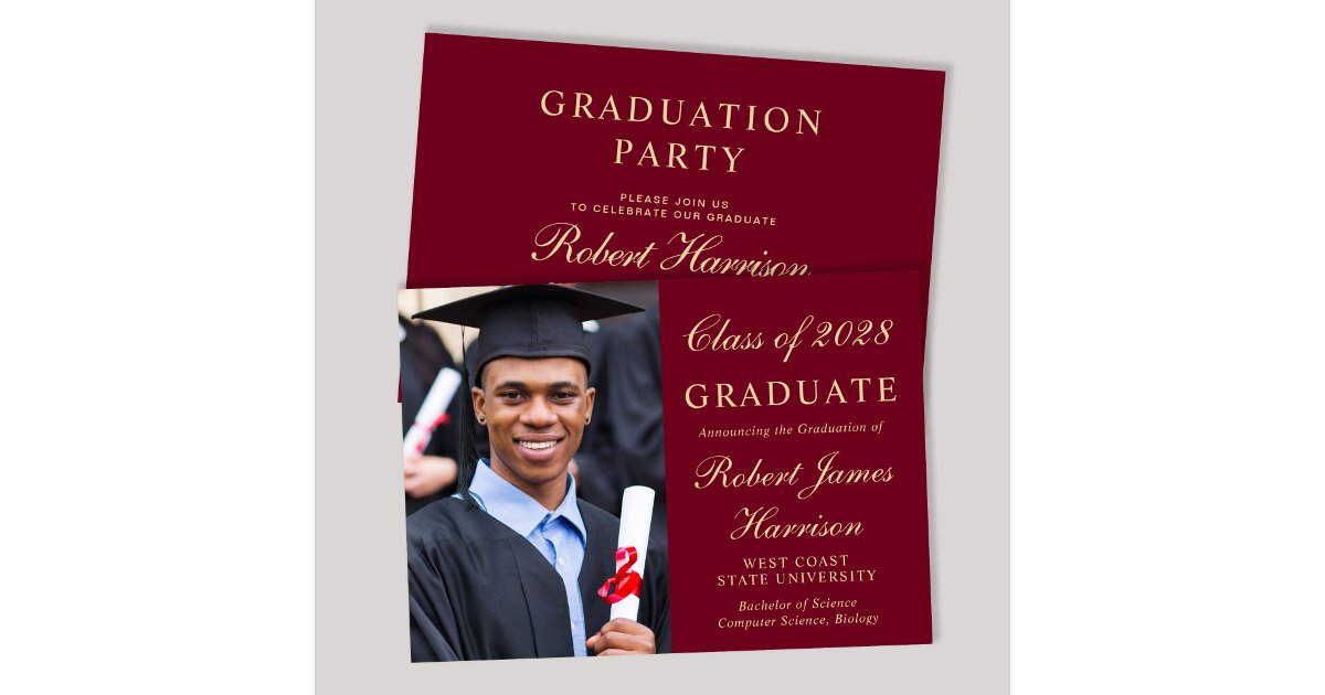 Elegant Photo College Burgundy Graduation Party Invitation | Zazzle
