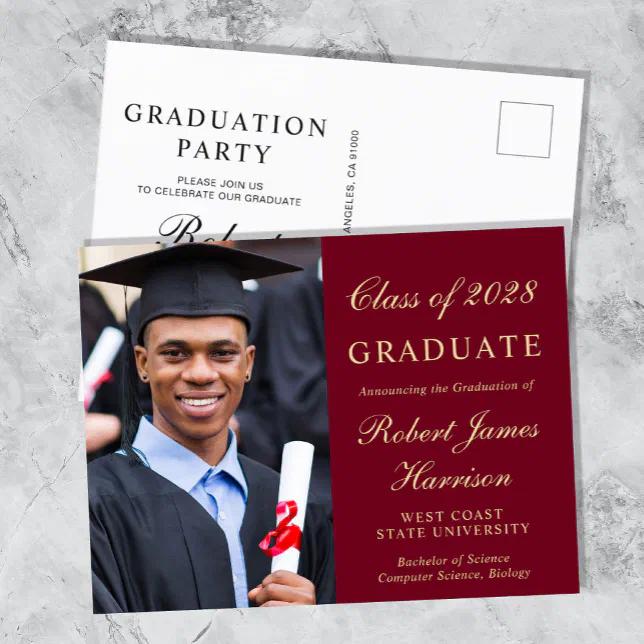 Elegant Photo College Burgundy Graduation Party Invitation Postcard ...