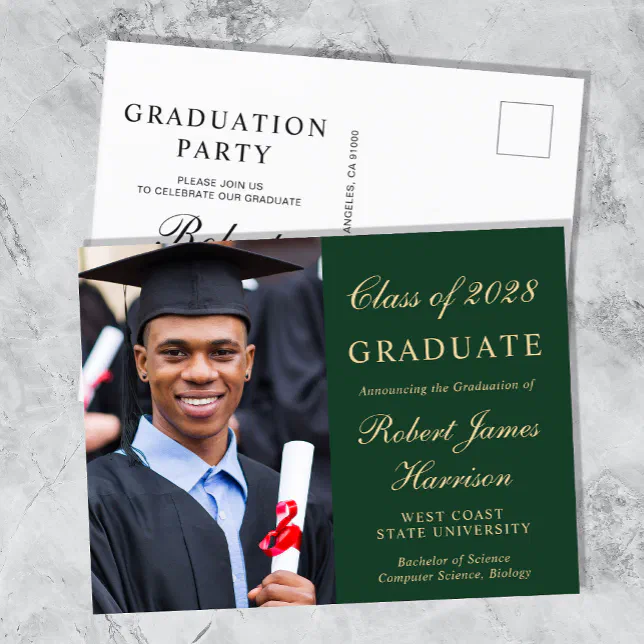 Elegant Photo College Green Graduation Party Invitation Postcard | Zazzle