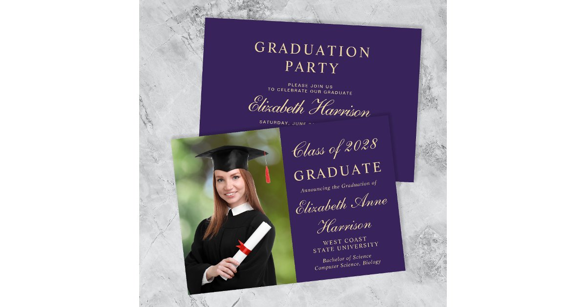 Elegant Photo College Purple Graduation Party Invitation | Zazzle
