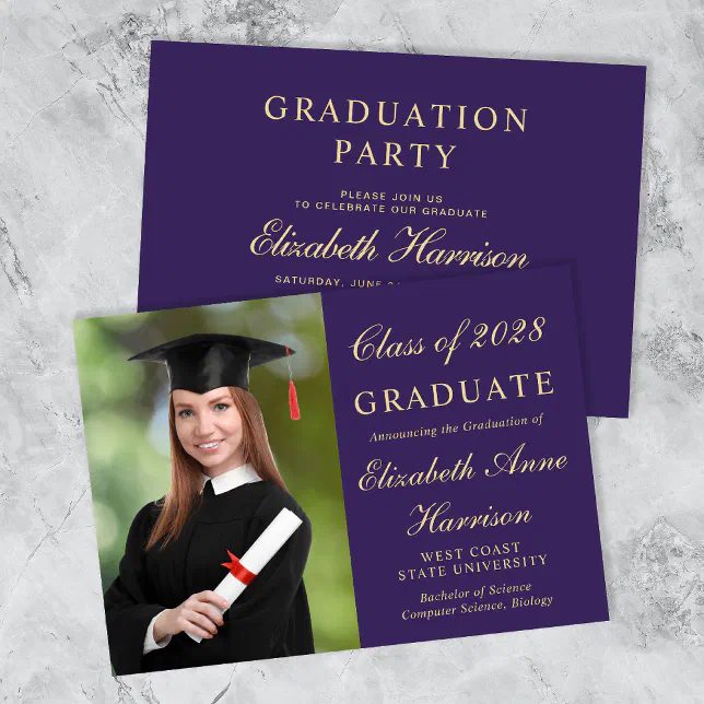 Elegant Photo College Purple Graduation Party Invitation | Zazzle
