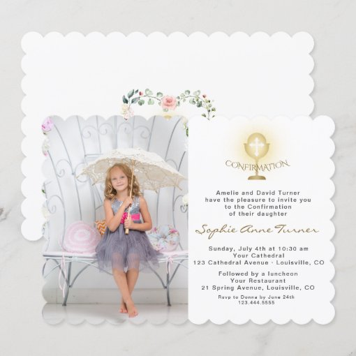 Elegant Photo Girl Gold Chalice Girl Confirmation Invitation | Zazzle