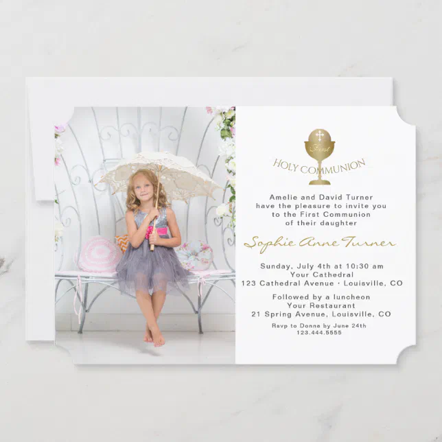 Elegant Photo Girl Gold Chalice Holy Communion Invitation | Zazzle