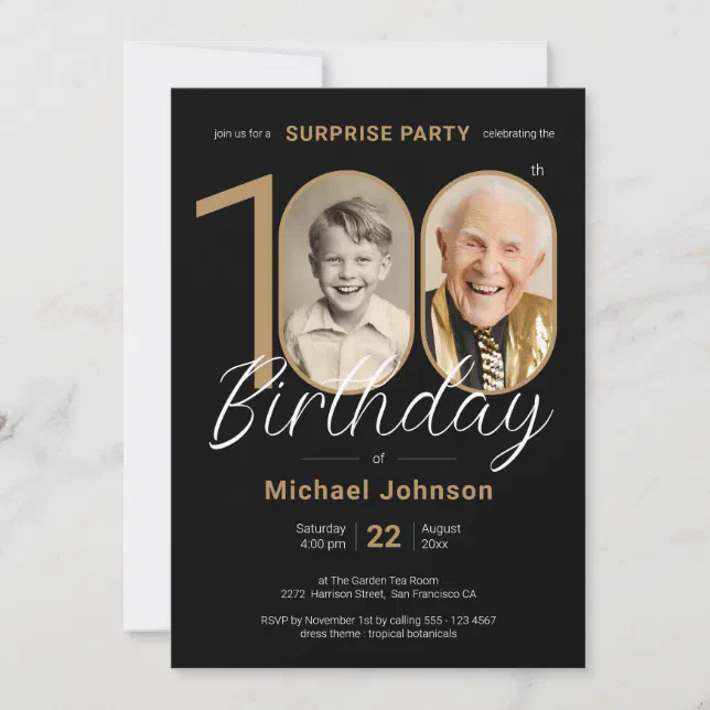 Elegant Photo Gold Black Surprise 100th Birthday Invitation | Zazzle