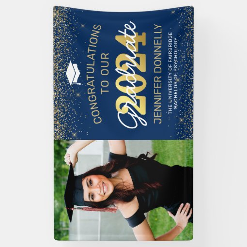 Elegant Photo Graduation Blue & Gold Banner | Zazzle